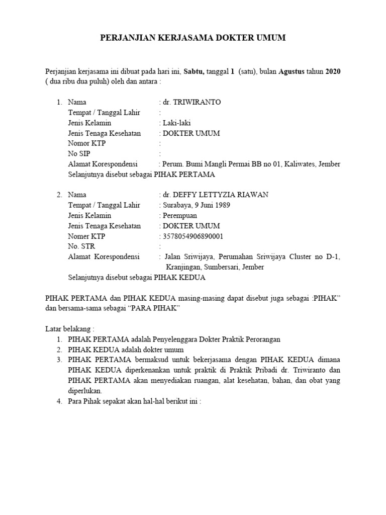 Perjanjian Kerjasama Dokter Umum Edit Pdf