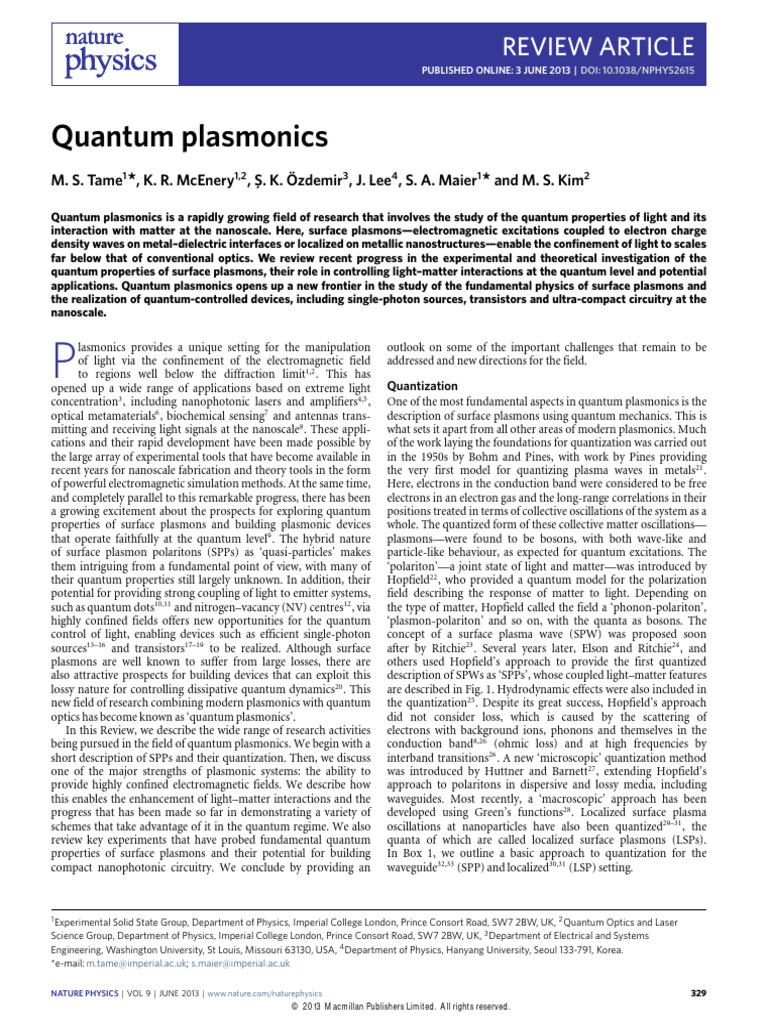 Quantum Plasmonics | PDF | Plasmon | Quantum Mechanics
