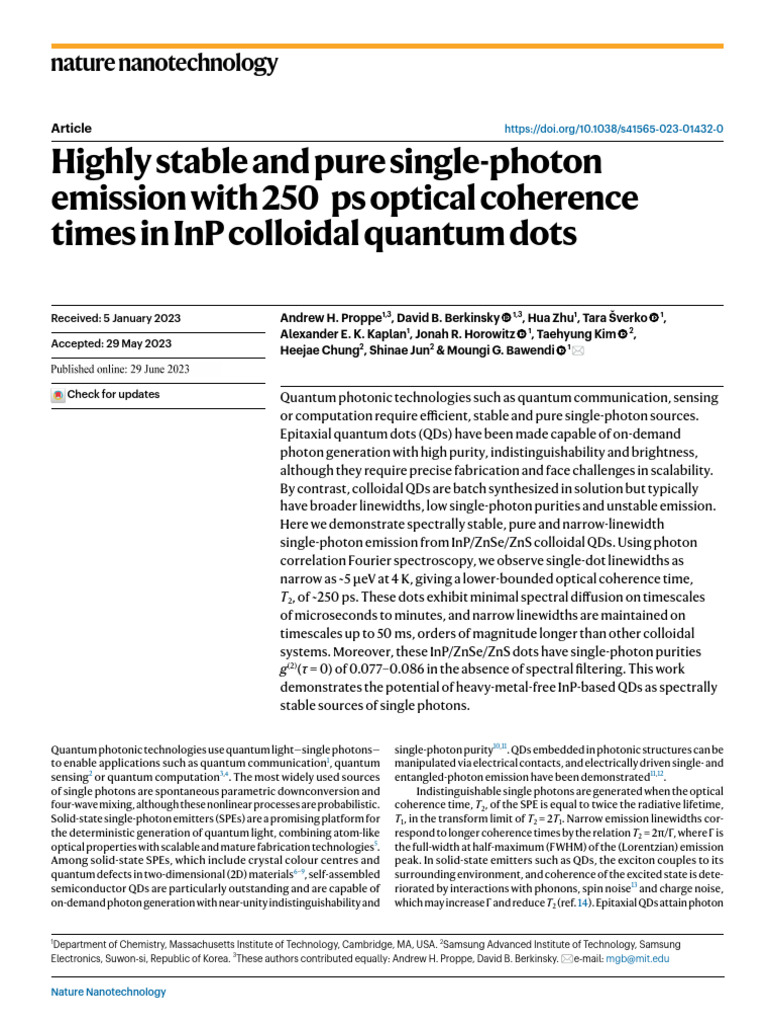 Highly Stable and Pure Single-Photon Emission With 250 Ps Optical Coherence | Download Free PDF ...