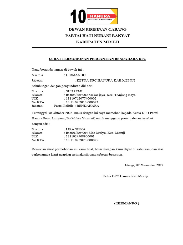Surat Permohonan DPD Hanura | PDF