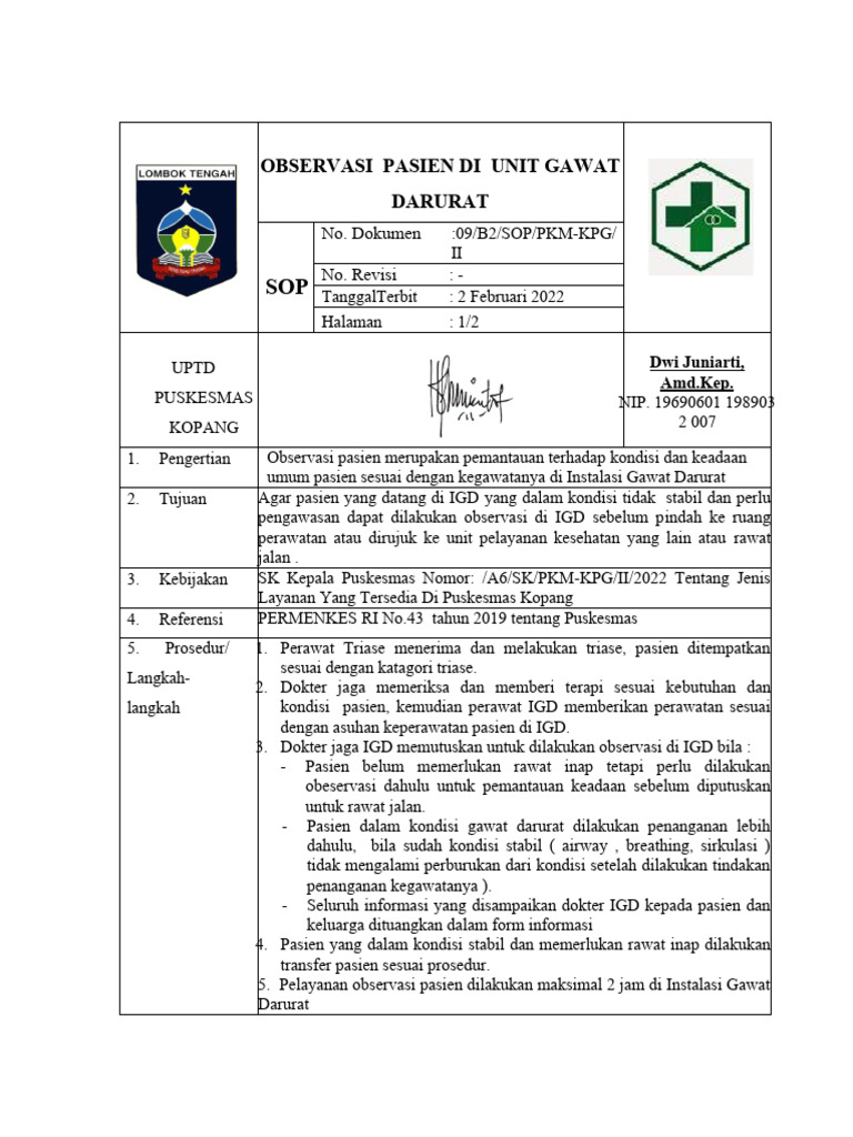 SOP Observasi Pasien Ugd | PDF
