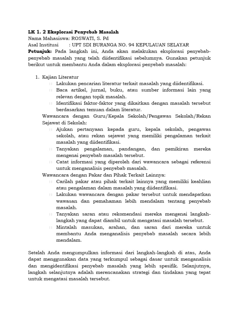 LK 1.2 Eksplorasi Penyebab Masalah | PDF