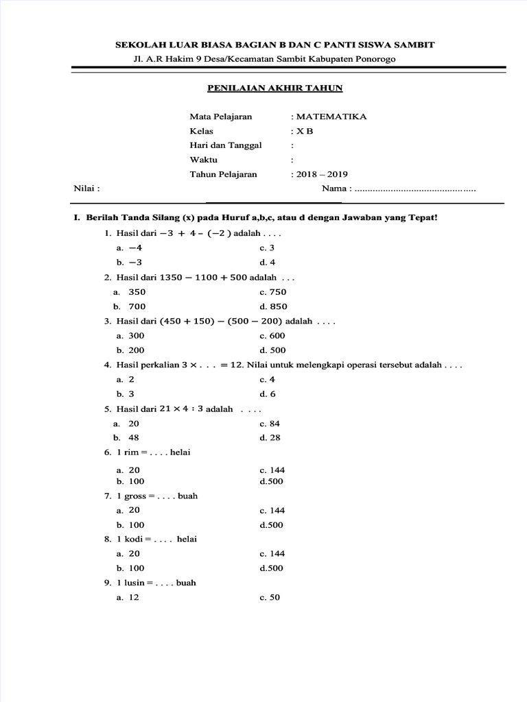 PDF Soal Pat Matematika Smalb Tunarungu Kelas X - Compress | PDF