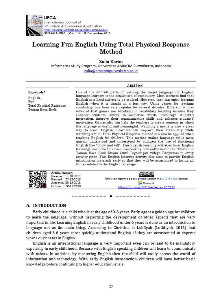 Learning Fun English Using Total Physical Response Method: Ijeca | PDF | Vocabulary | Learning