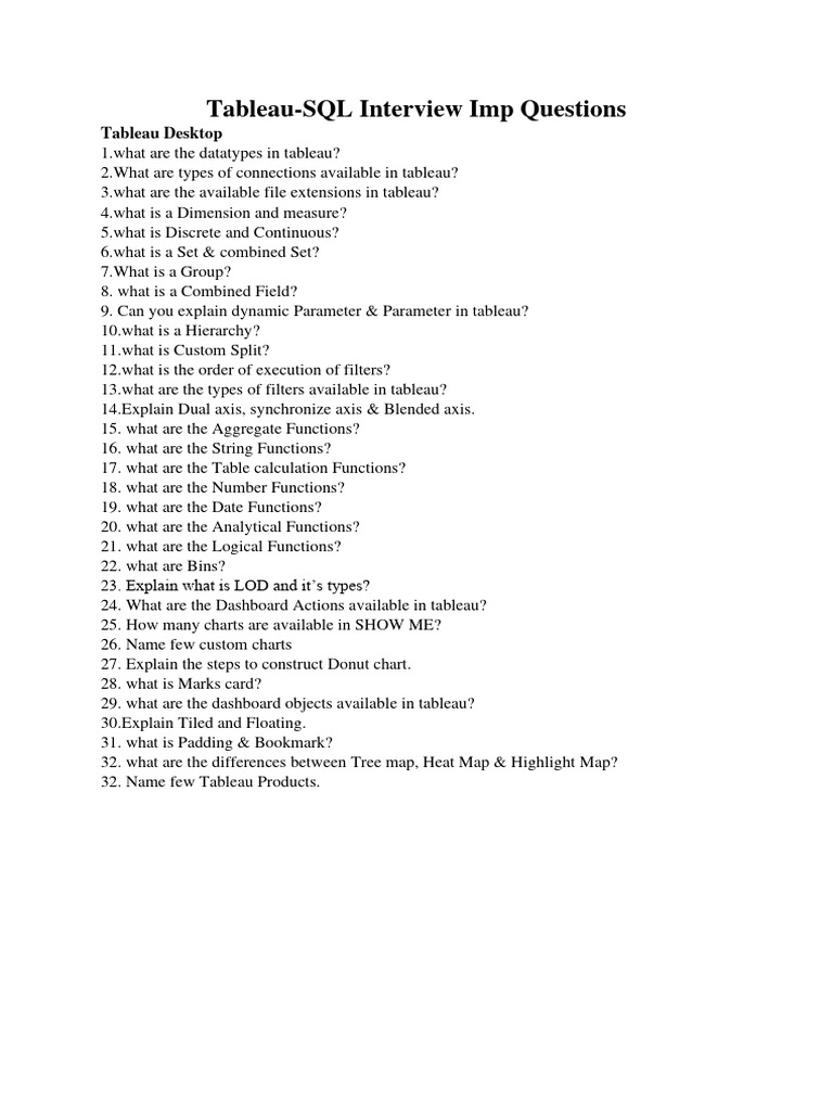 Tableau Important Question | PDF | Sql | Data