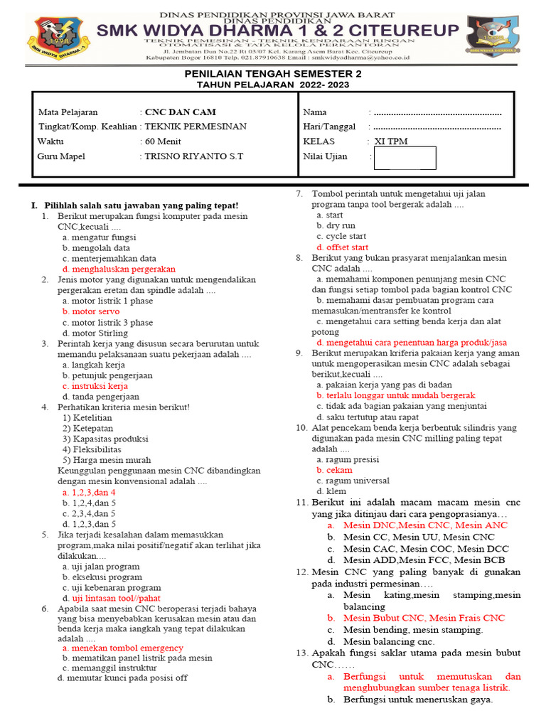 Soal PTS Genap CNC & Cam Xi TPM | PDF | Komputer
