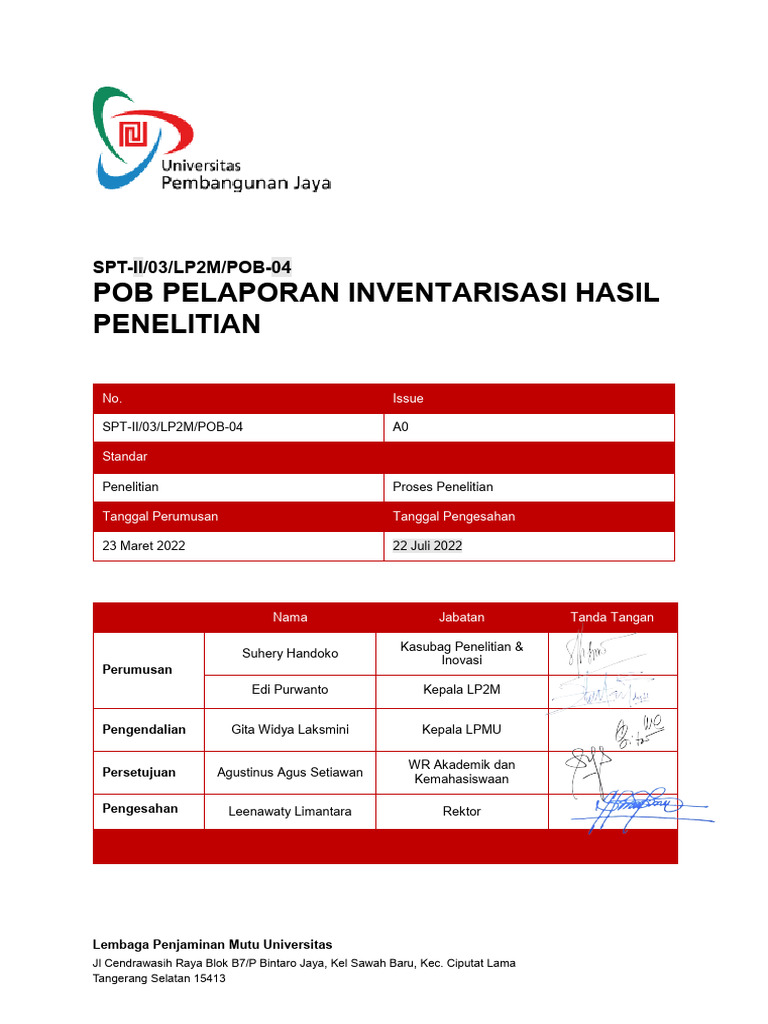 SPT-II-03-LP2M-POB-04 POB Pelaporan Inventarisasi Hasil Penelitian - 2021-FINAL | PDF