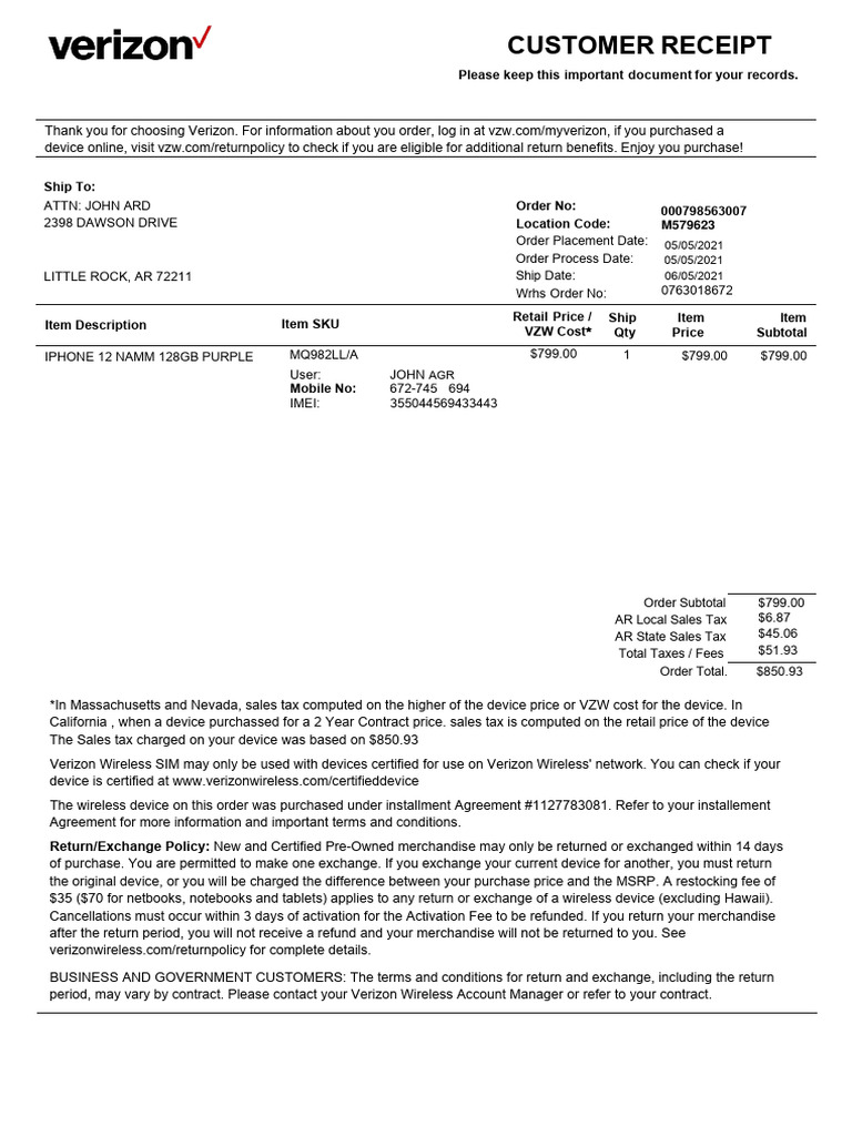 Customer Receipt: Please Keep This Important Document For Your Records ...