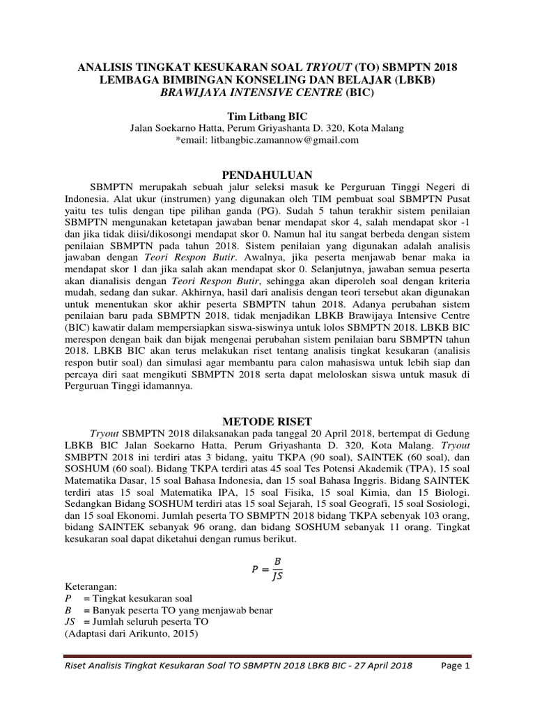 Riset Analisis Tingkat Kesukaran Soal To SBMPTN 2018 LBKB Bic (20 April 2018) | PDF