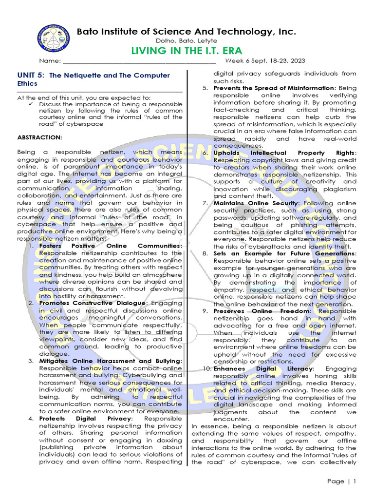 UNIT 5-The Netiquette and The Computer Ethics | PDF | Copyright Infringement | Privacy
