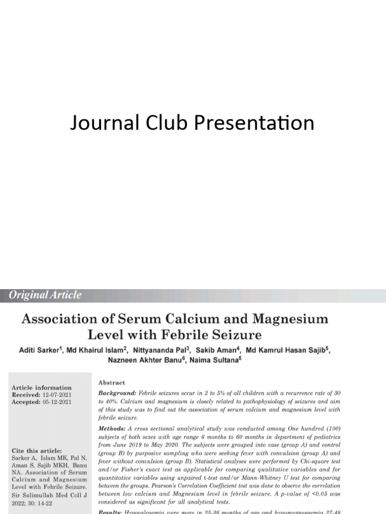Journal Club Presentation On Febrile Seizure PDF Medicine