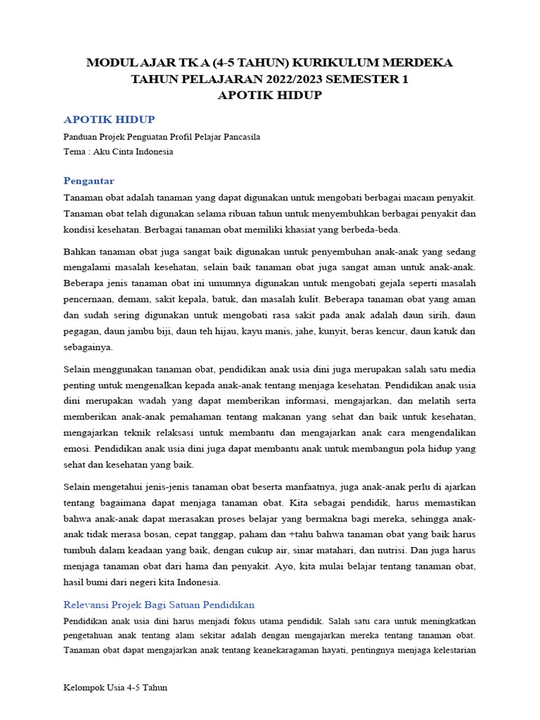 Modul Ajar - P5 - TK A - 4&5 - Tahun - Smt1 - Apotik - Hidup | PDF | Karier & Perkembangan ...