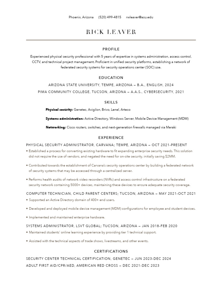 Rick Leaver Resume | PDF | Computer Science | Computer Architecture