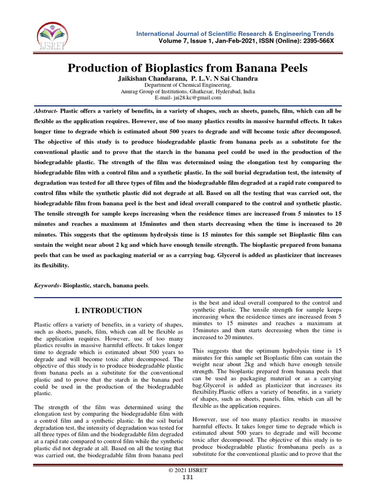 Production of Bioplastics From Banana Peels | PDF | Biodegradation | Plastic