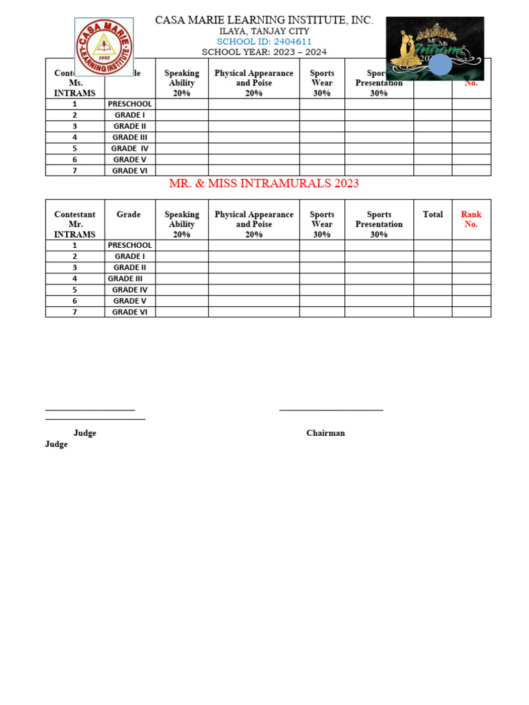 Criteria For Mr. and Miss Intrams 2018 | PDF