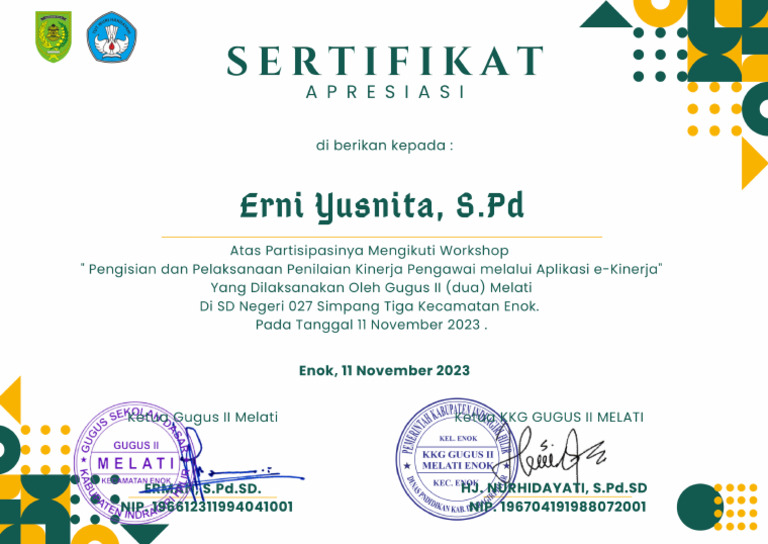 Sertifikat E-Kinerja Erni Yusnita Fix | PDF