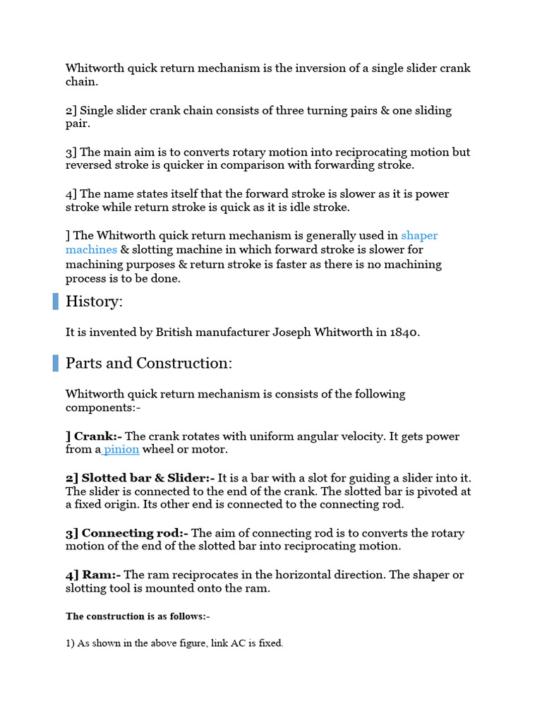 Whitworth Quick Return Mechanism Is The Inversion of A Single Slider ...