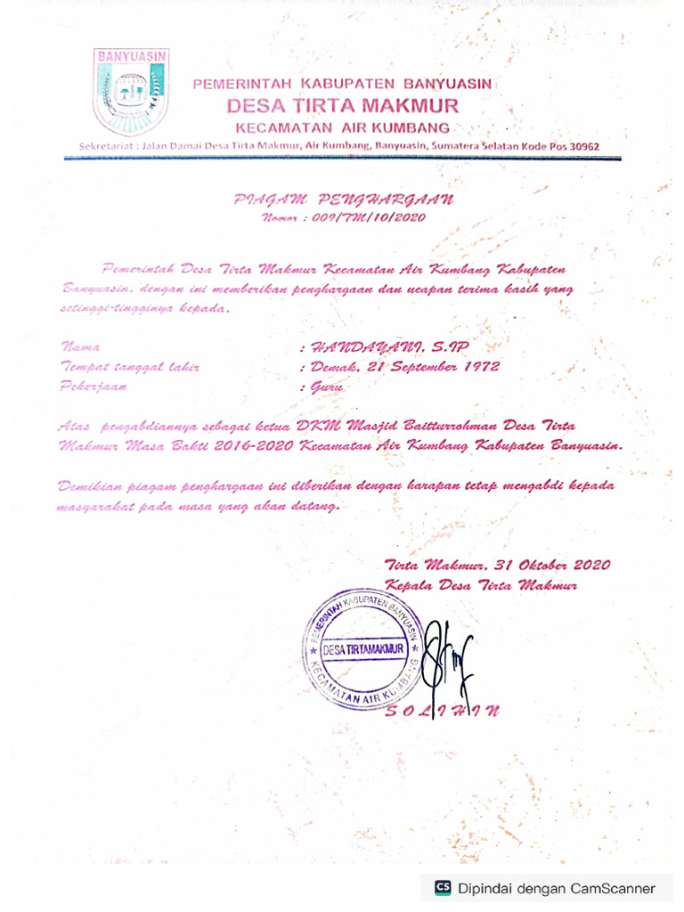 Piagam Penghargaan Sebagai Ketua DKM | PDF