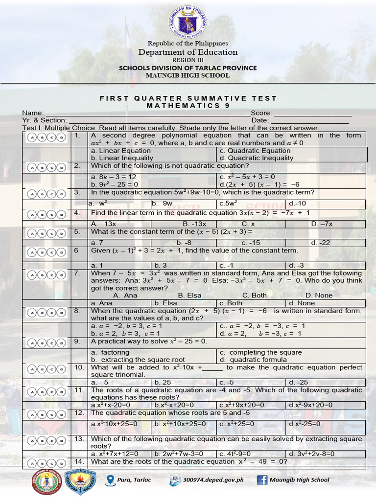 Mhs 1st Summative Test Math 9 | PDF | Quadratic Equation | Equations