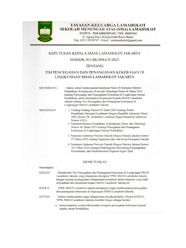 Surat Tim TPPK Smas Lamaholot Jakarta | PDF