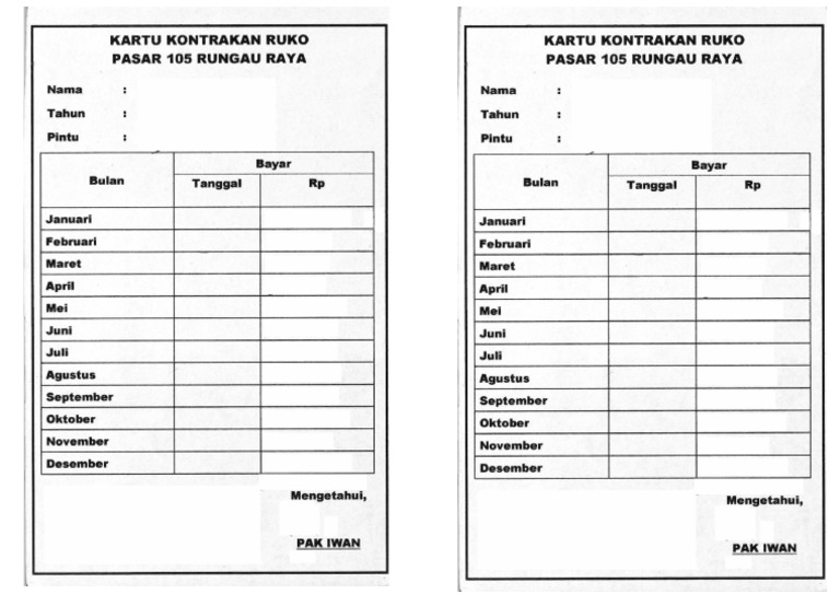 Form Kartu Kontrakan Ruko Pasar 105 | PDF