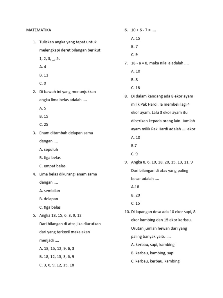 Soal Ulangan Matematika Kelas 1 Kurikulum Merdeka | PDF