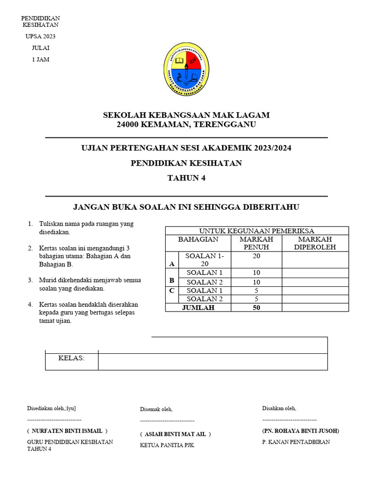 Upsa Pertengahan Tahun PJK T4 2023 Skema | PDF