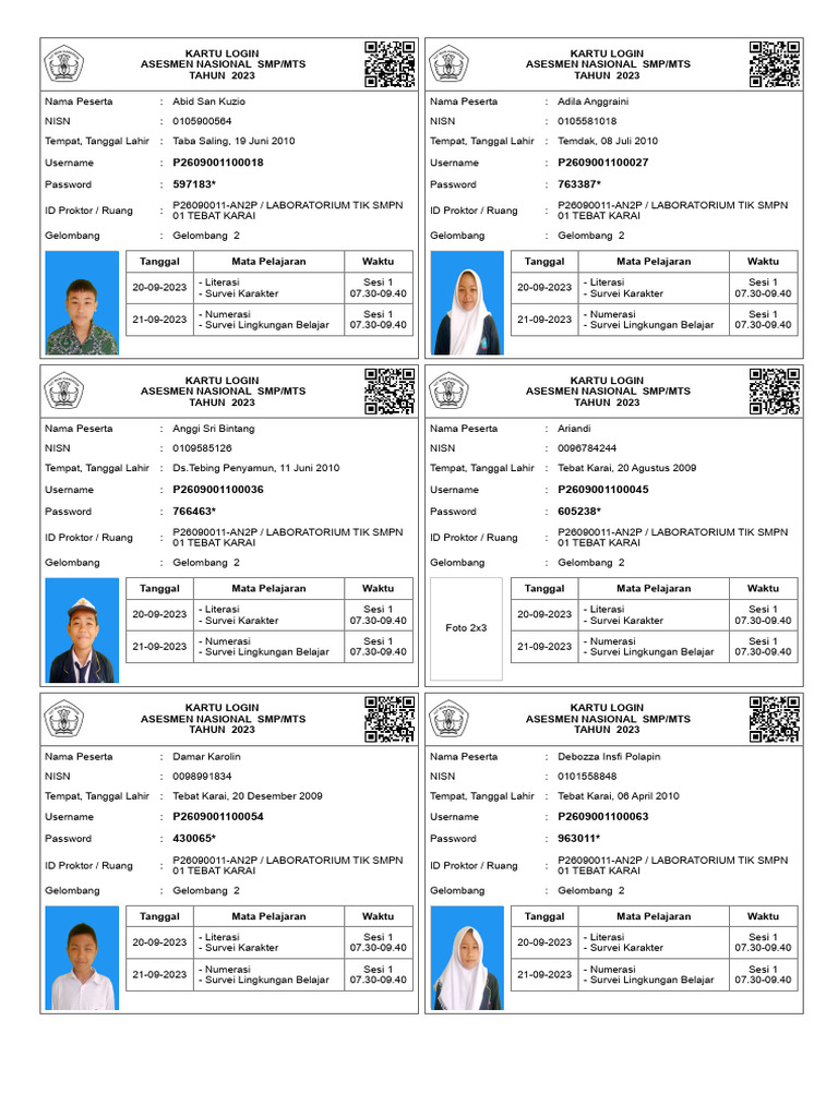 Asesmen Nasional - Tahun 2023 Kartu Login Anbk | PDF