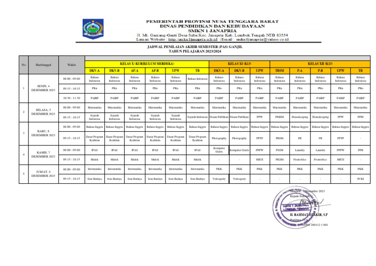 Jadwal Pas Ganjil 2023-2024 - Kelas | PDF