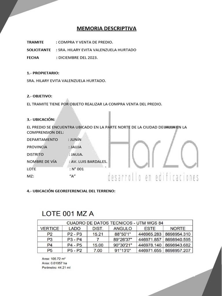 Memoria Descriptiva Lote #001 MZ A | PDF