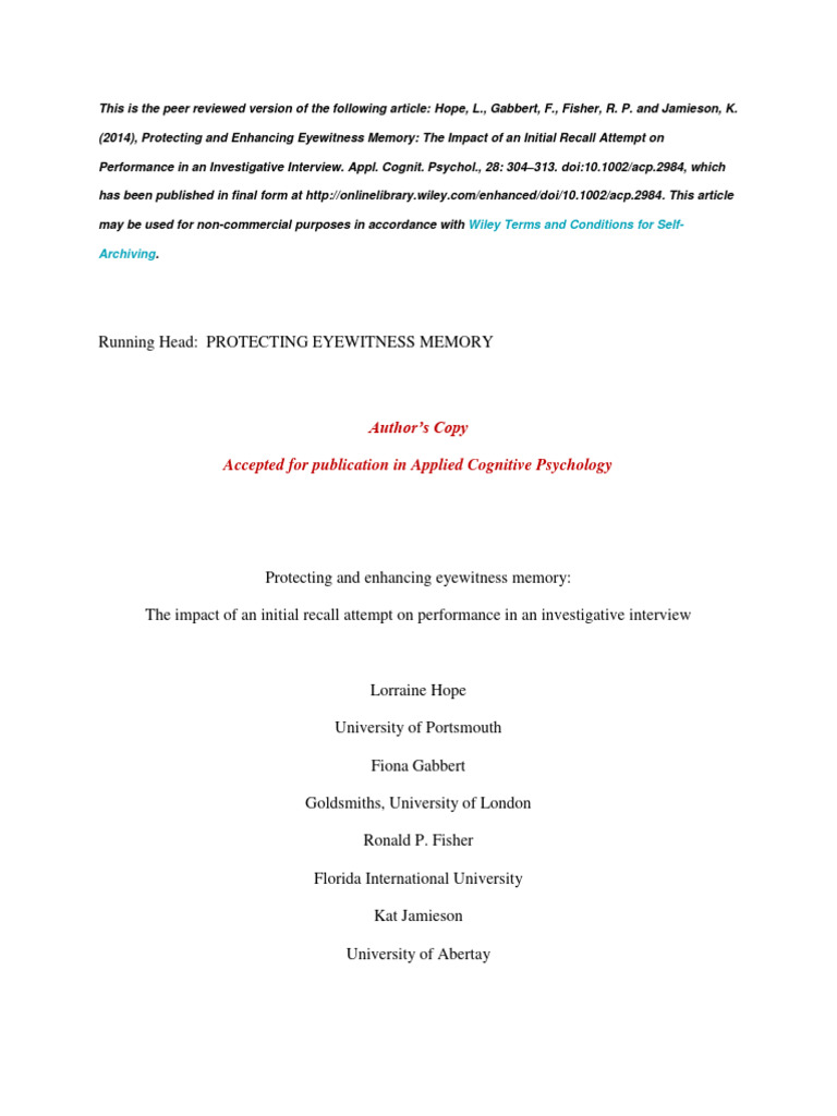 Protecting and Enhancing Eyewitness Memory | PDF | Recall (Memory) | Witness