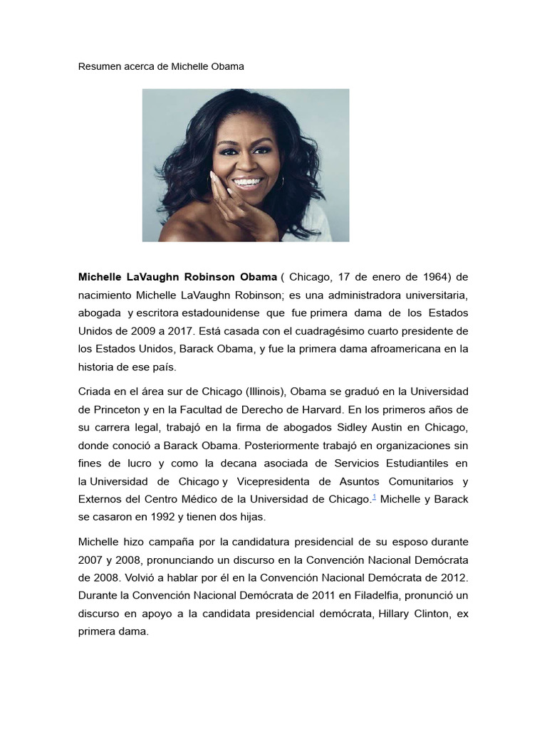 Resumen Acerca de Michelle Obama | Descargar gratis PDF | Michelle Obama