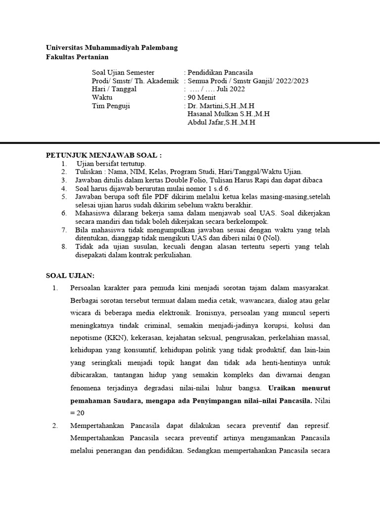 Soal Ujian Uas Pendidikan Pancasila Fakultas Teknik 2021 | PDF