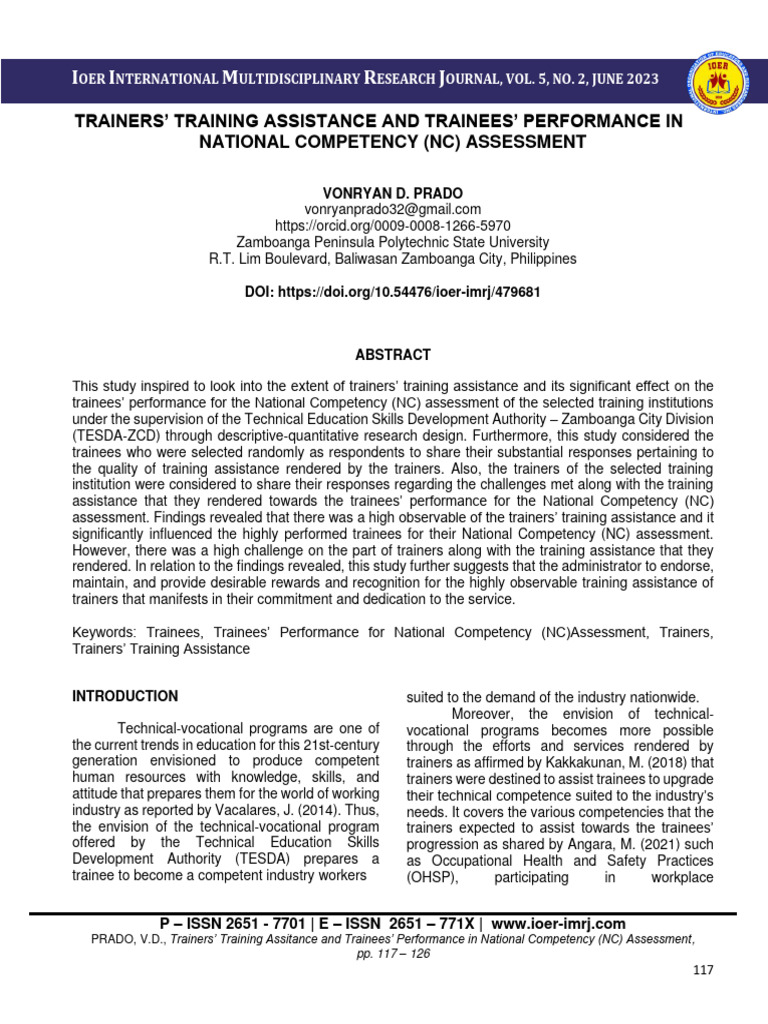 Trainers' Training Assitance and Trainees' Performance in National ...