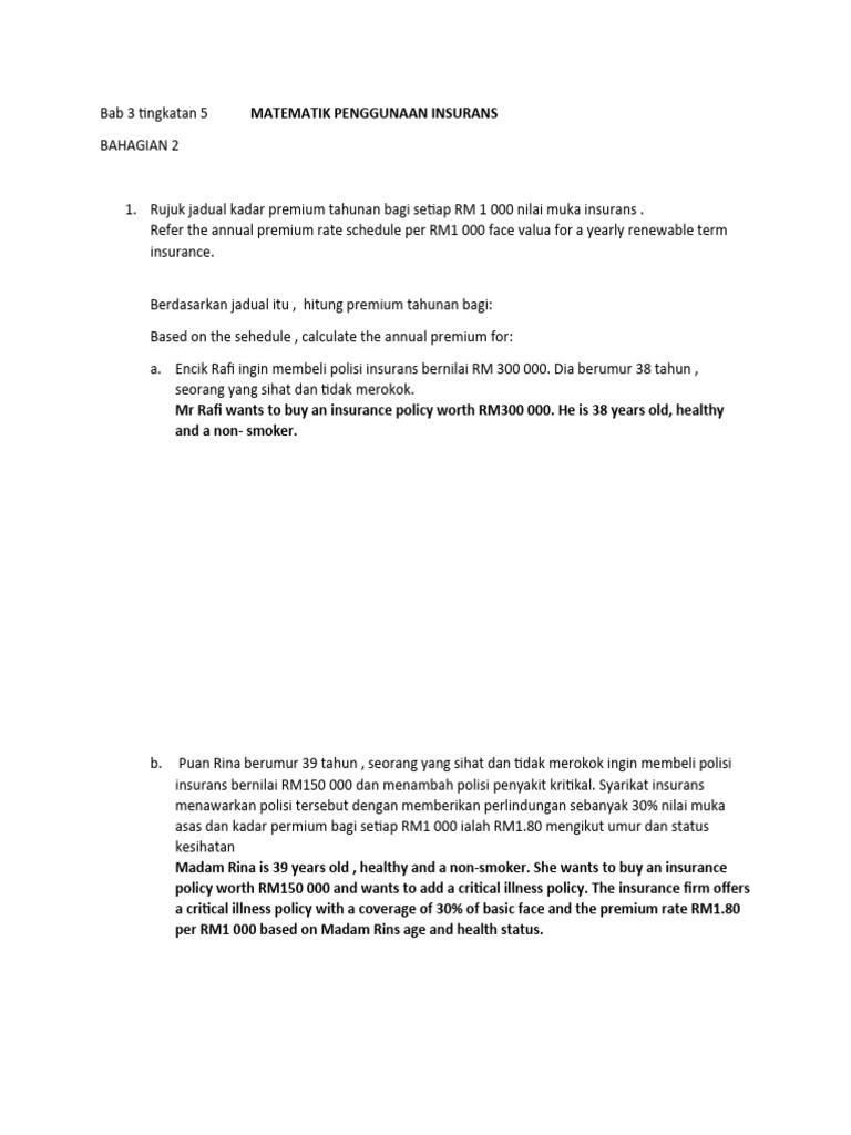 Bab 3 Tingkatan 5MATEMATIK PENGGUNAAN INSURANS BHG 2 | PDF | Deductible | Insurance