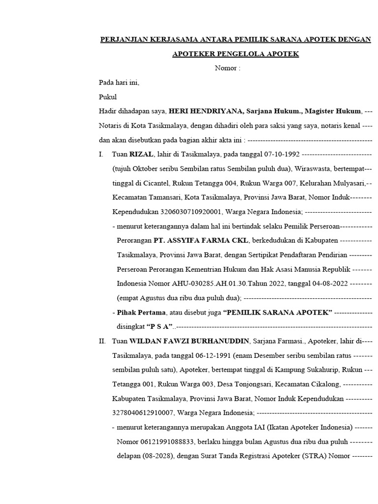 Perjanjian Kerjasama Antara Pemilik Sarana Apotek Dengan Apoteker