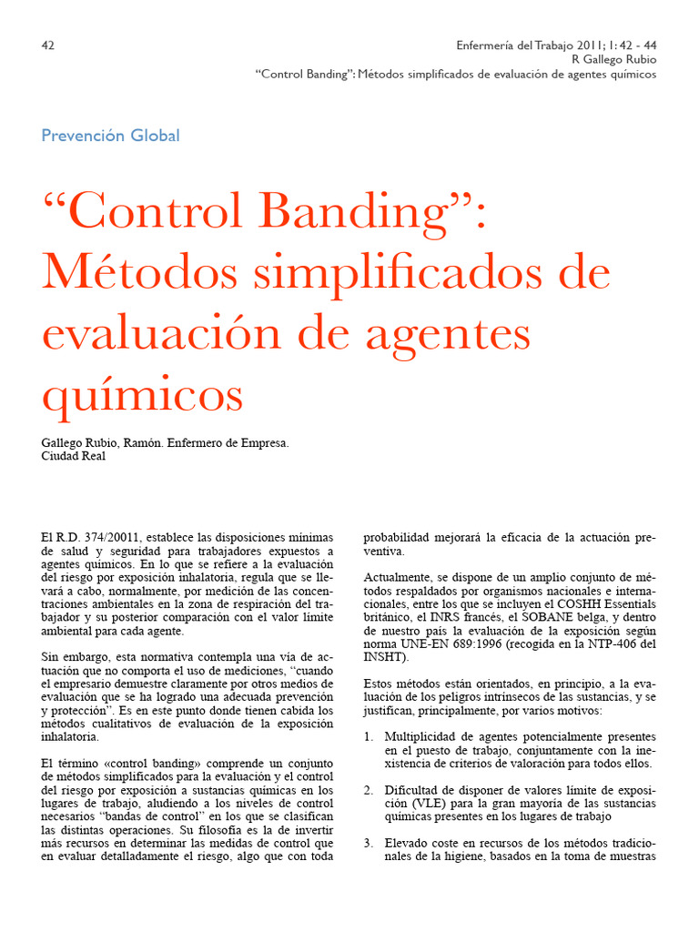 "Control Banding": Métodos Simplificados de Evaluación de Agentes ...