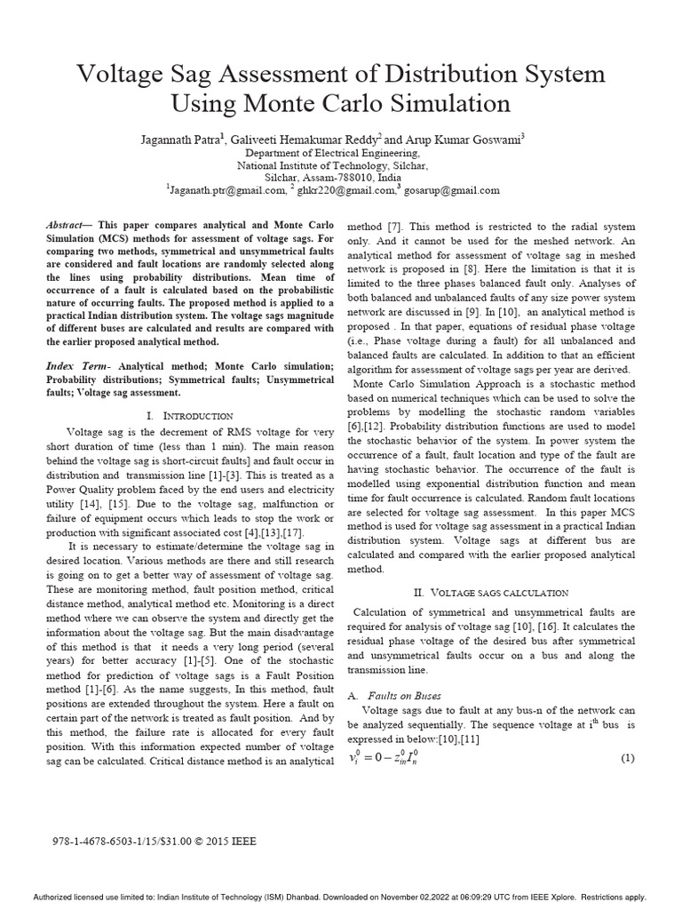 Voltage Sag Assessment of Distribution System Using Monte Carlo ... Voltage Sag Assessment of Distribution System Using Monte Carlo ...