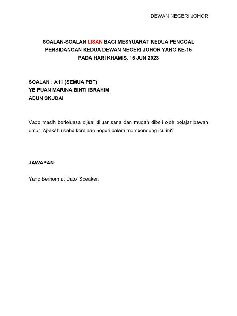 Contoh Format Jawapan Bagi Soalan Dewan Lisan Dan Bertulis | PDF