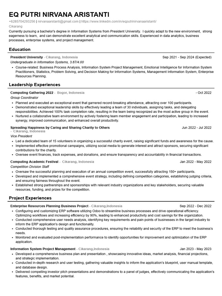 CV - Eq Putri Nirvana Aristanti | PDF | Enterprise Resource Planning | Business