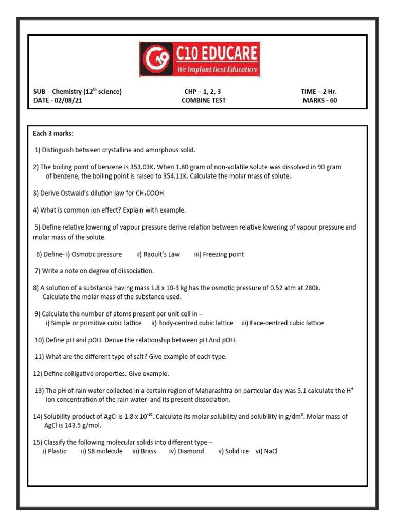 CHP - 1,2,3 Chemistry Combine Test Paper | PDF | Mole (Unit) | Chemistry
