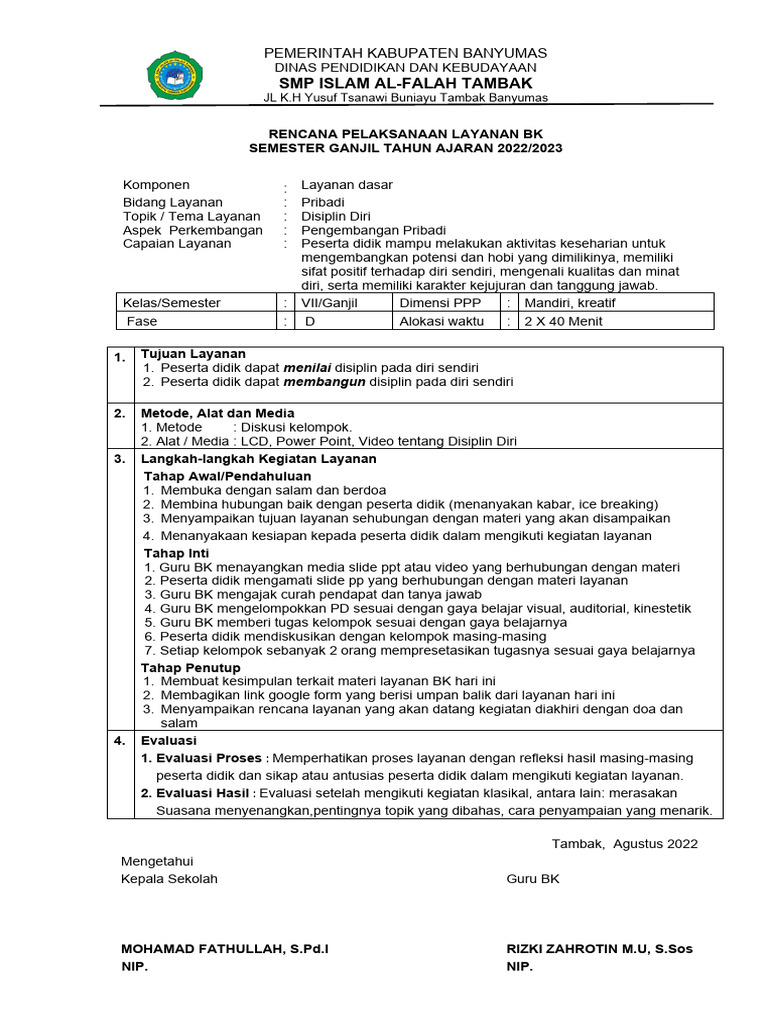 Rencana Layanan BK: Disiplin Diri SMP | PDF