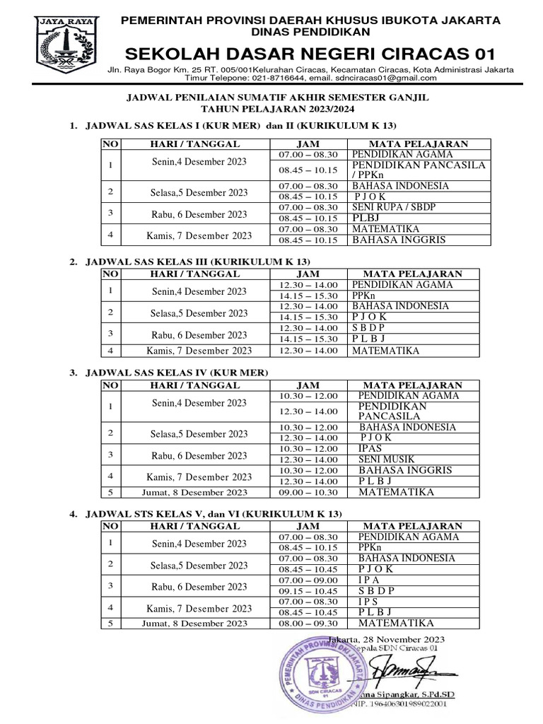 Jadwal Sas Semester I Tp 2023 2024 Ciracas Pdf