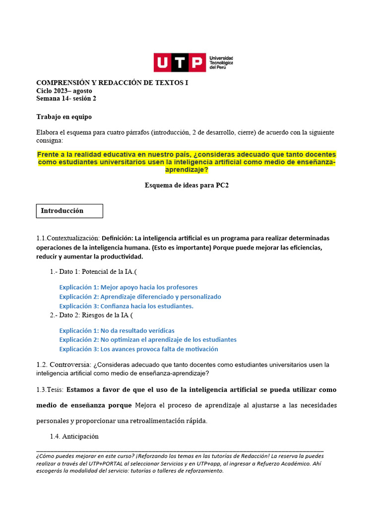 S14.s2-Esquema para PC2 Esquema Hecho JDX 2023 Agosto | PDF | Inteligencia artificial ...