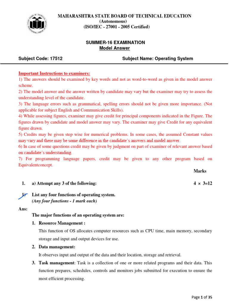 2016 Summer Model Answer Paper | PDF | Process (Computing) | Operating System
