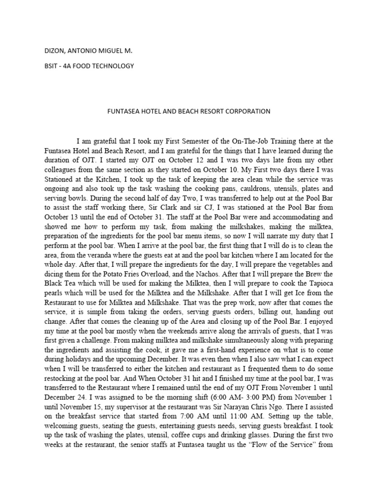 Dizon Narrative Report Ojt | PDF | Restaurants | Tableware