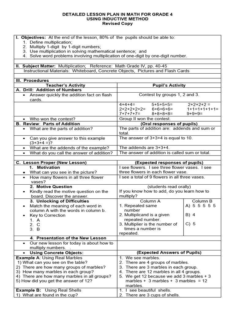 Detailed Lesson Plan in Math Grade 4 Inductive Method | PDF ... Detailed Lesson Plan in Math Grade 4 Inductive Method | PDF ...