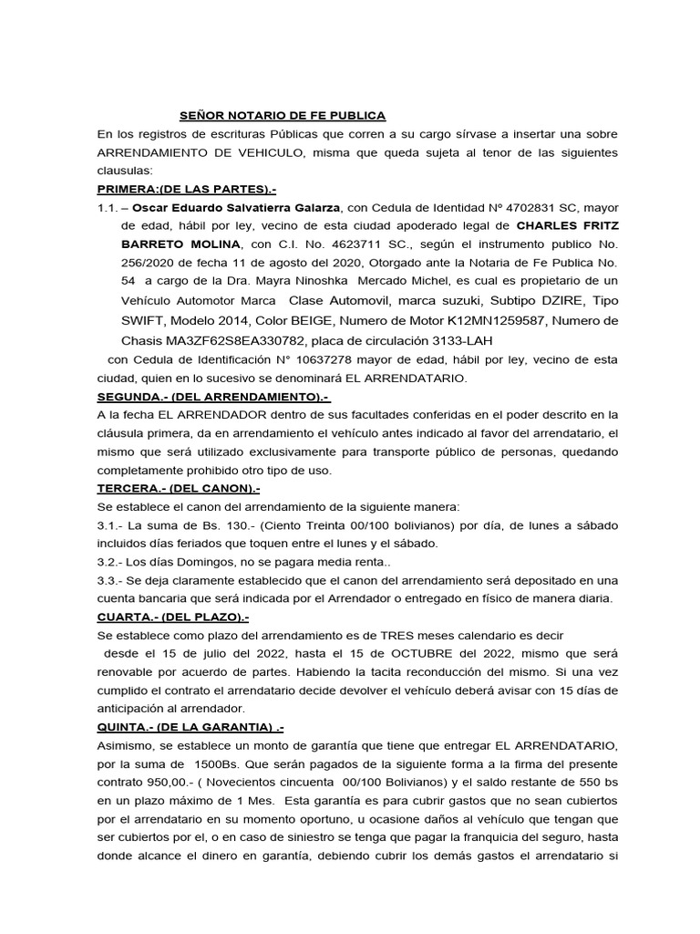 Contarto de Alquiler Vehiculo 3133lah Gustavo Rodas | PDF | Ley común