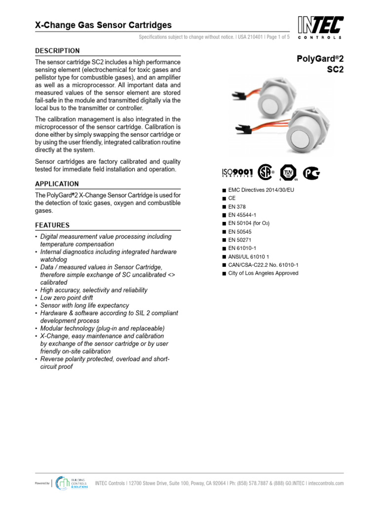 X-Change Gas Sensor Cartridges Polygard 2 Sc2: Description | PDF | Carbon Dioxide | Gases