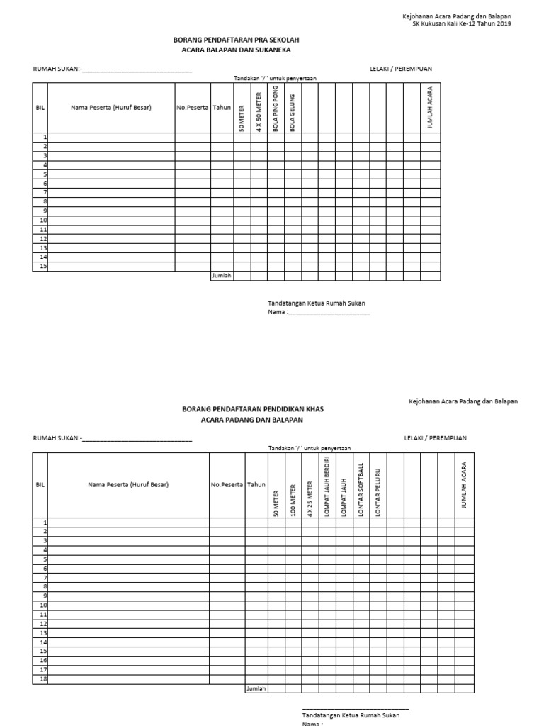 Borang Pendaftaran Sukan Olahraga | PDF
